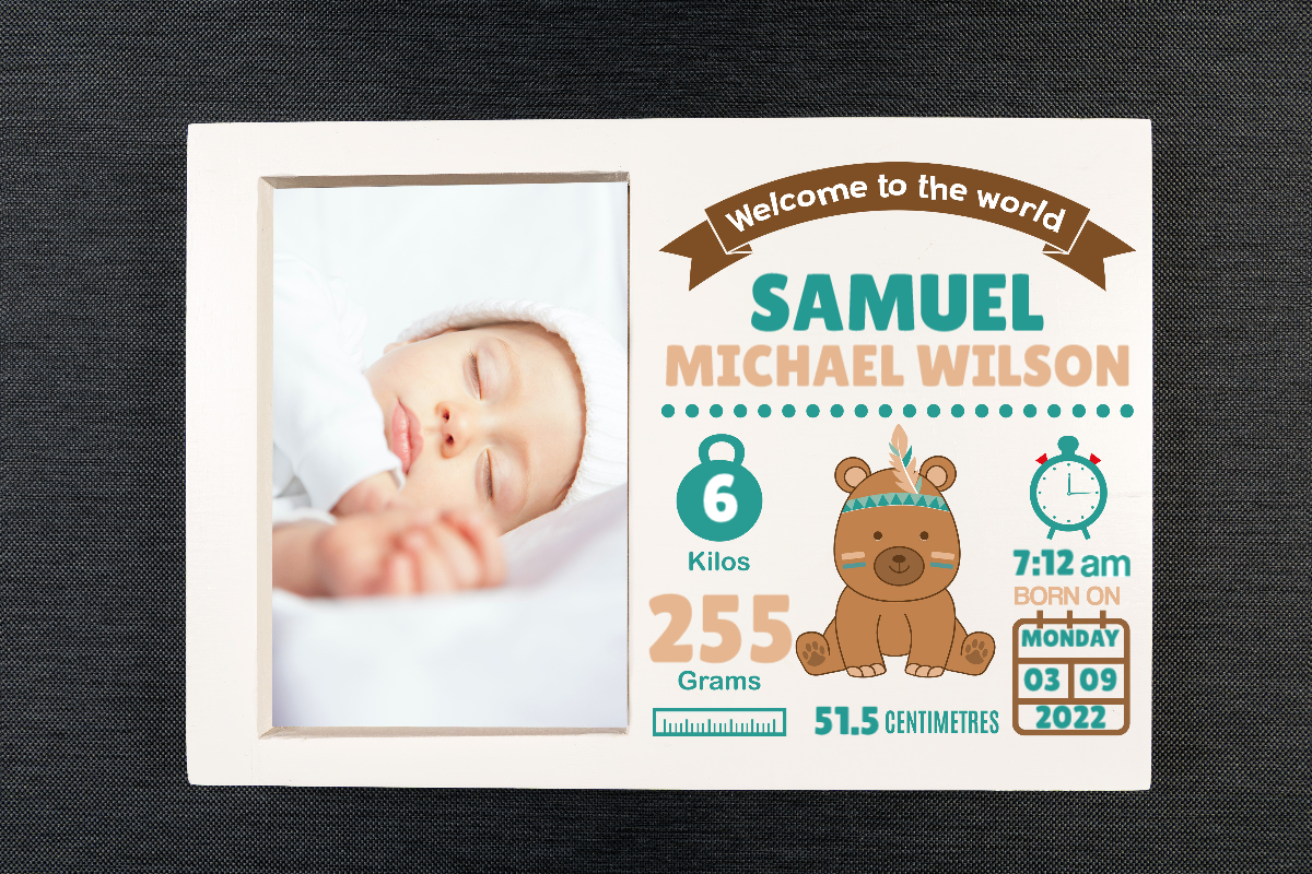 Bear Personalised Baby Birth Picture Frame - Blue or Purple | Givi Gifts
